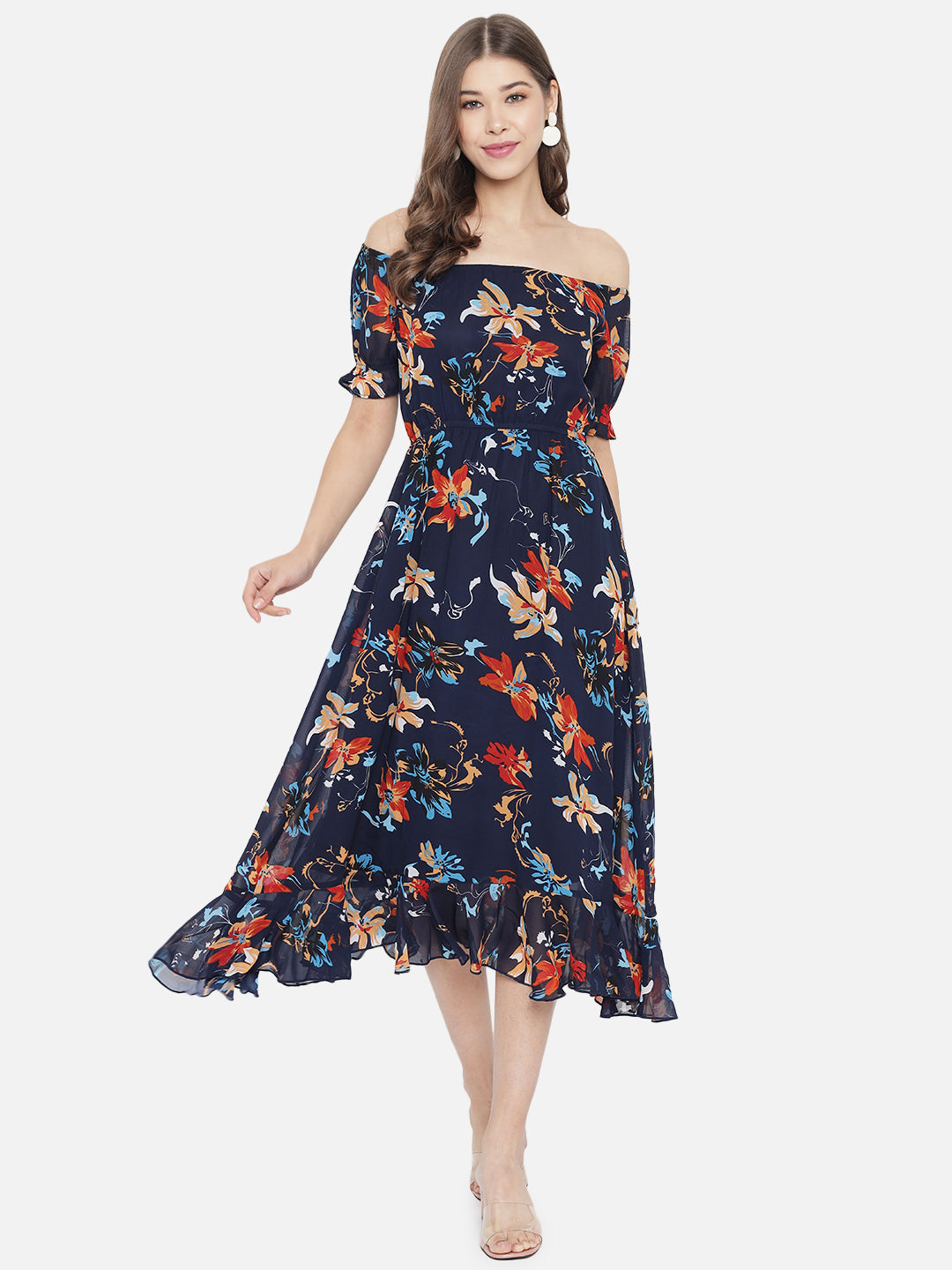 Navy Blue Floral Off-Shoulder Georgette Midi Dress – Slenor