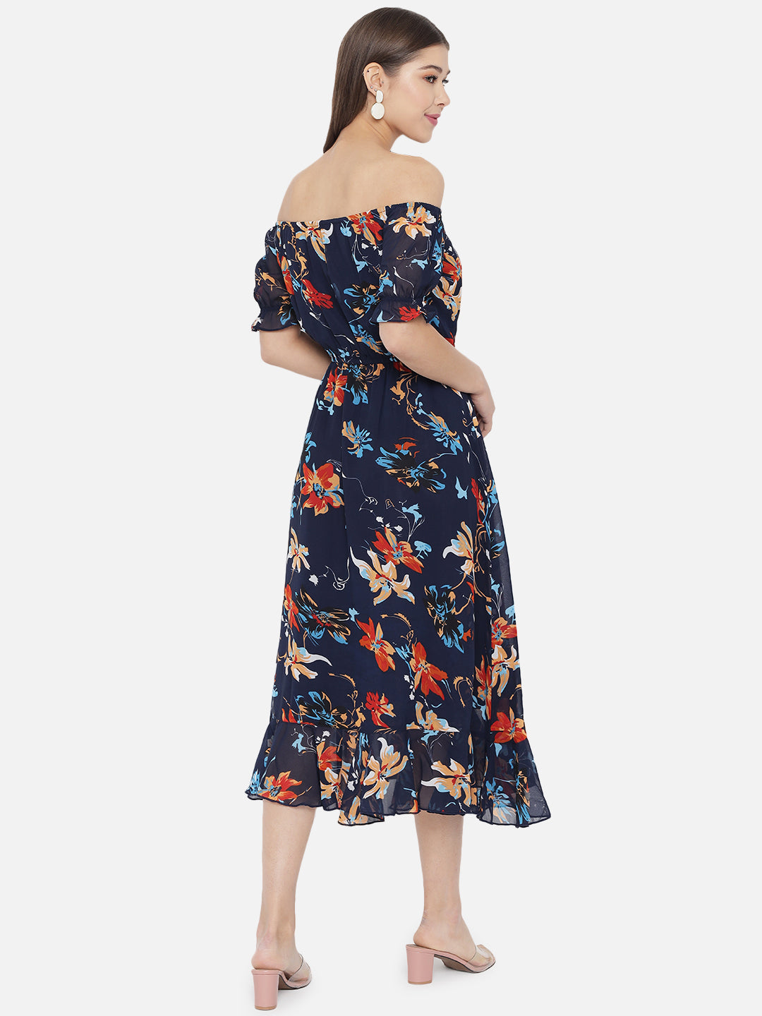 Navy Blue Floral Off-Shoulder Georgette Midi Dress – Slenor