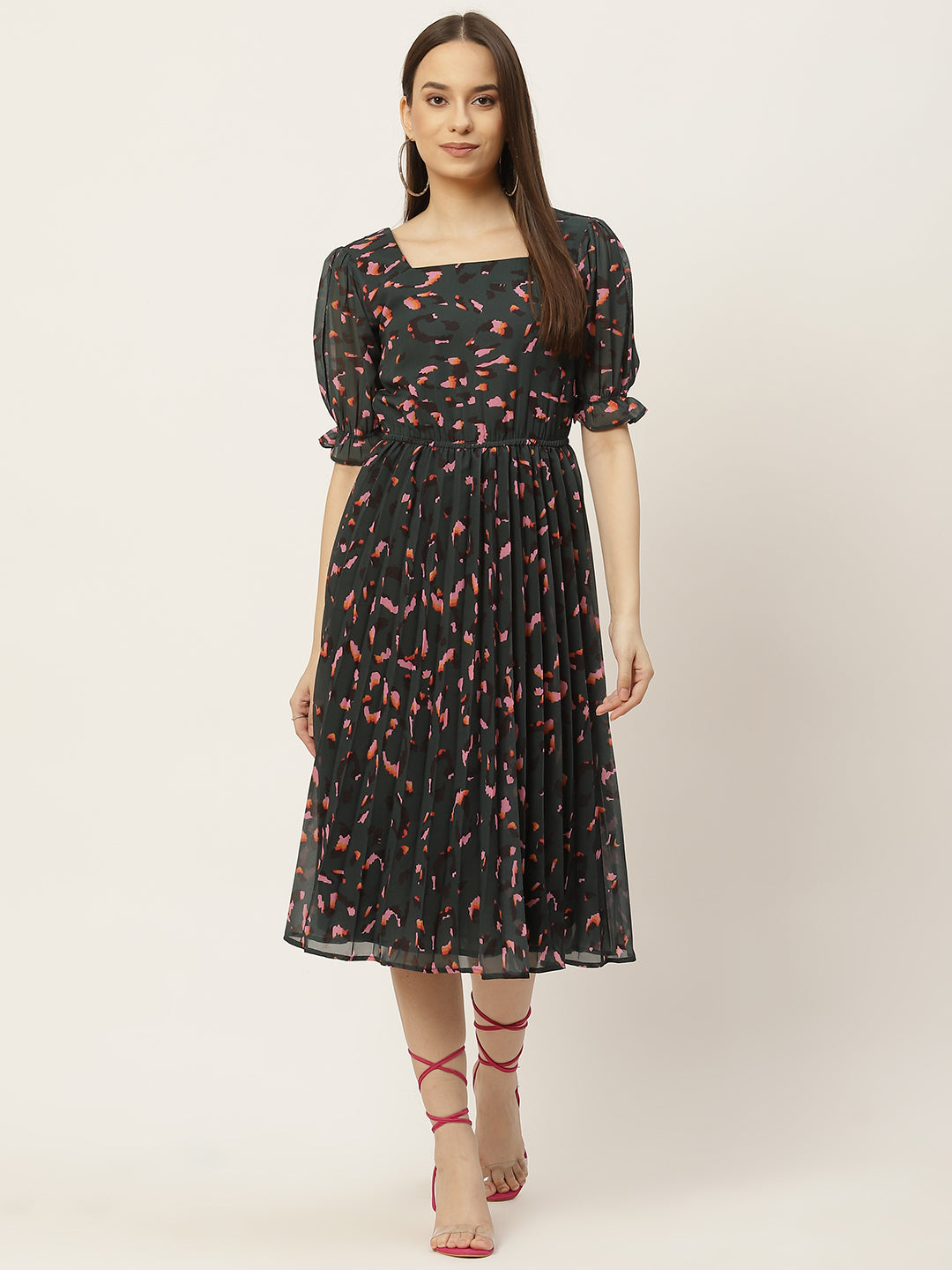 Multicoloured Layered Accordion Pleats Georgette A-Line Midi Dress – Slenor