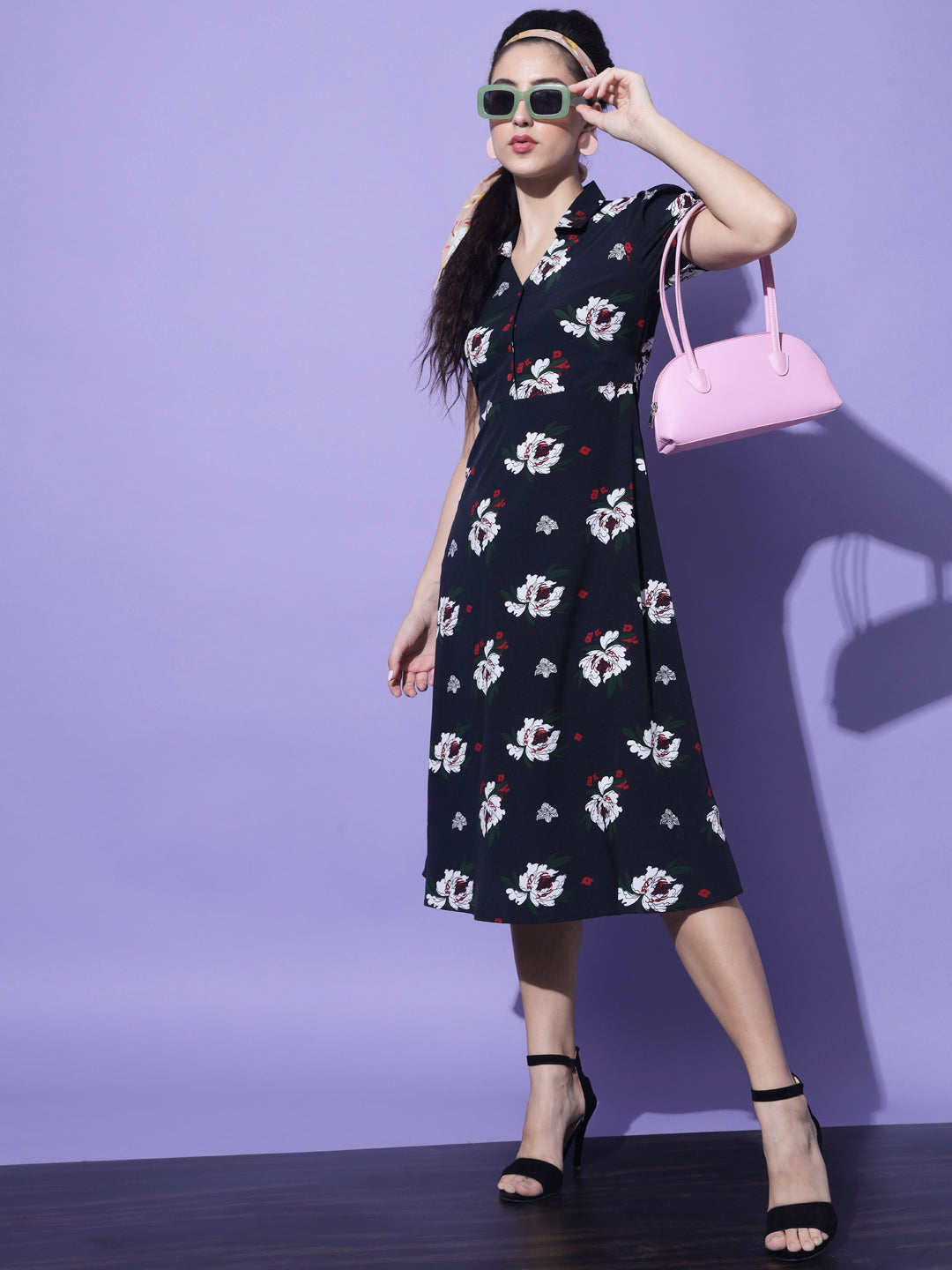 Navy Blue & White Floral Crepe Shirt Midi Dress – Slenor