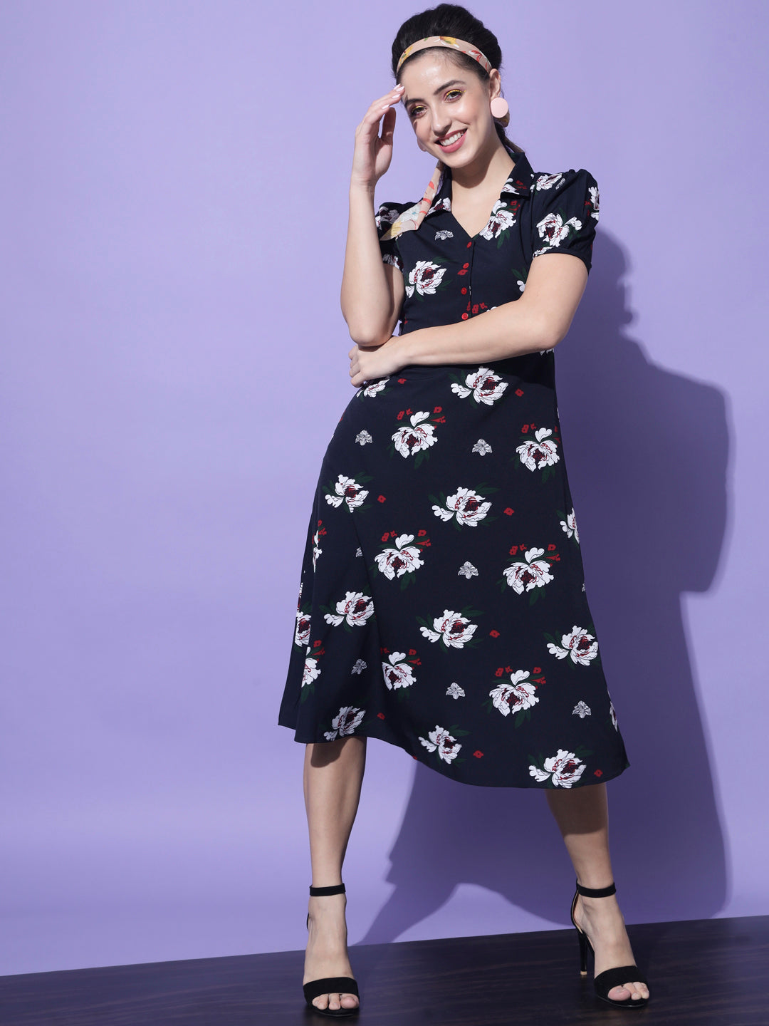 Navy Blue & White Floral Crepe Shirt Midi Dress – Slenor