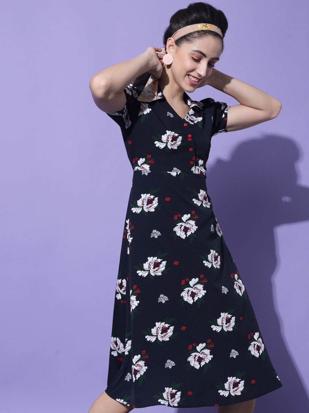 Navy Blue & White Floral Crepe Shirt Midi Dress – Slenor
