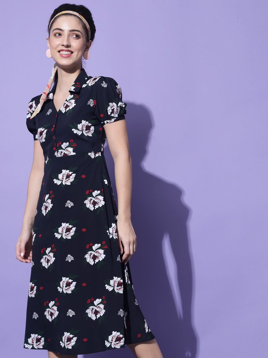 Navy Blue & White Floral Crepe Shirt Midi Dress – Slenor