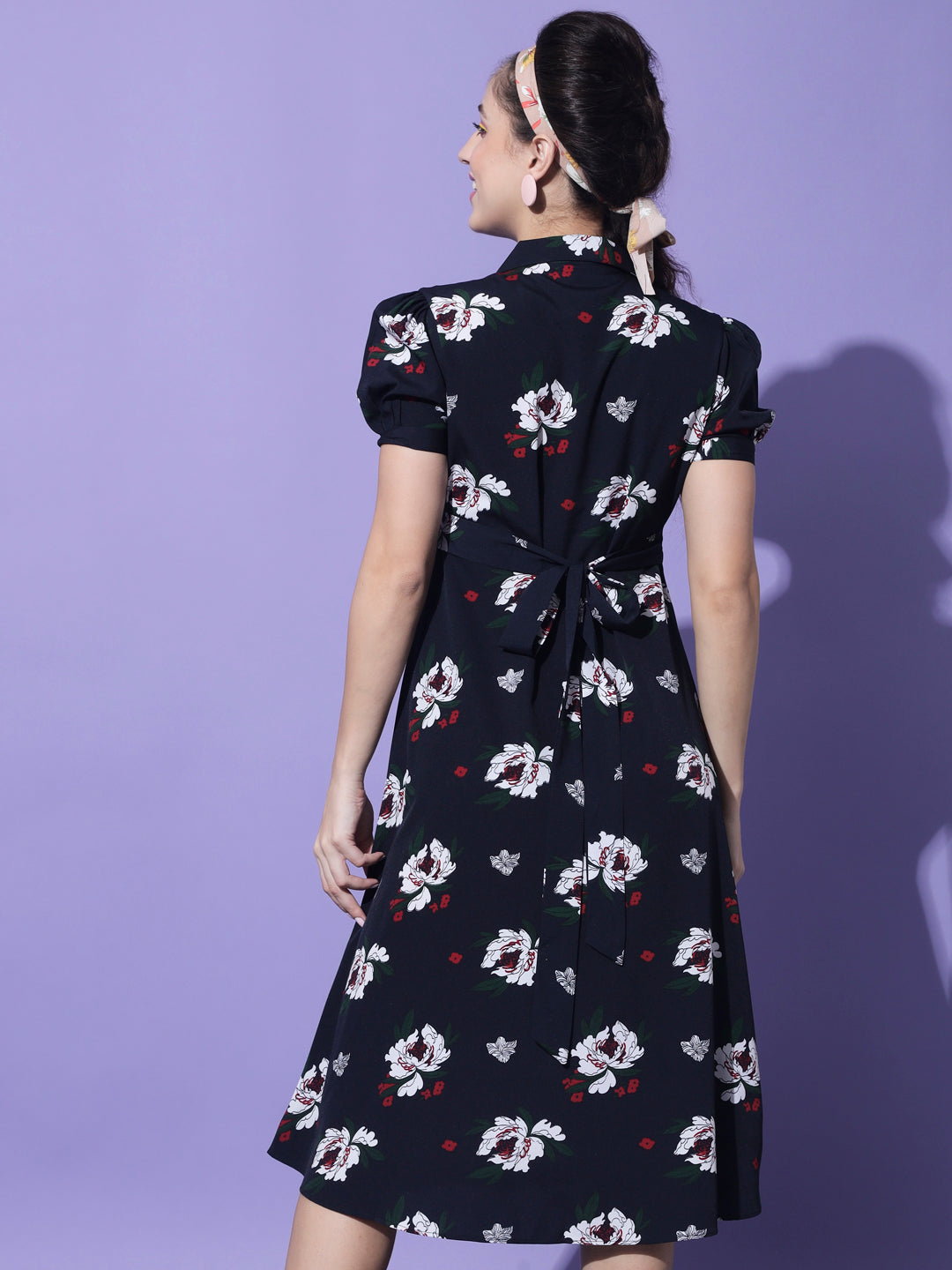 Navy Blue & White Floral Crepe Shirt Midi Dress – Slenor
