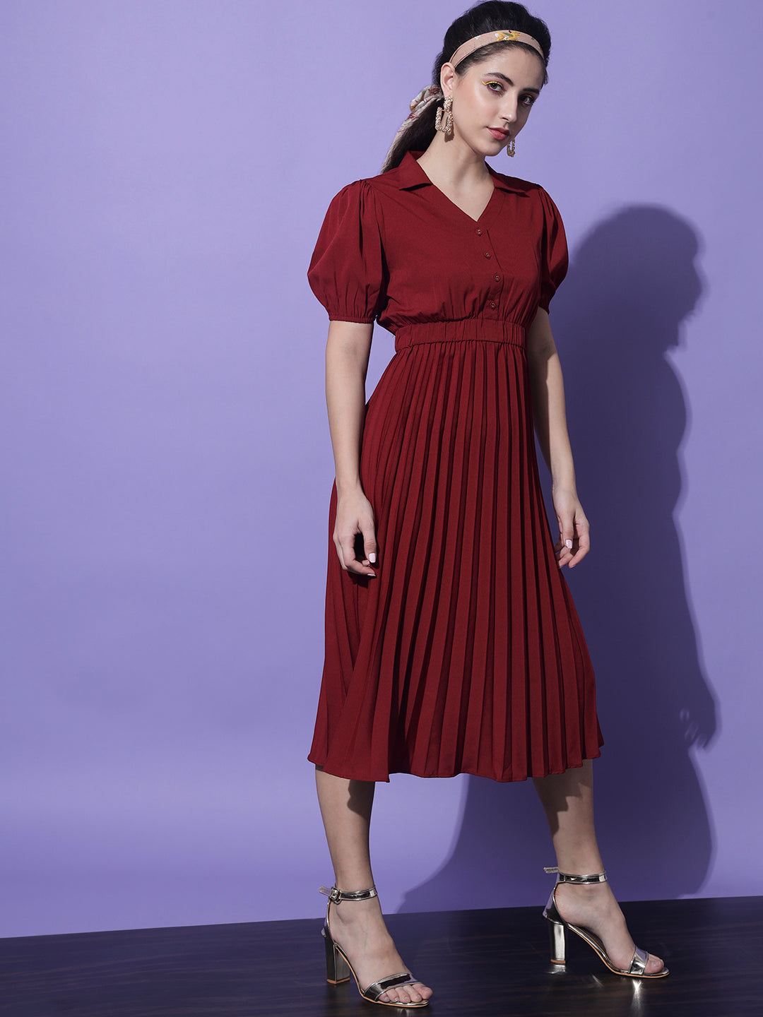 Women Maroon Crepe Midi Dress – Slenor